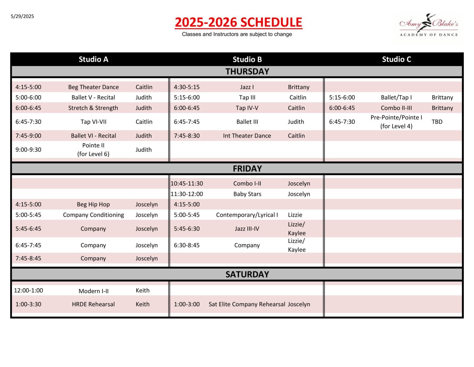 Schedule - Amy Blake Academy of Dance