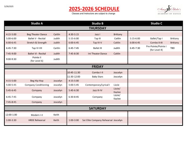 Schedule - Amy Blake Academy of Dance