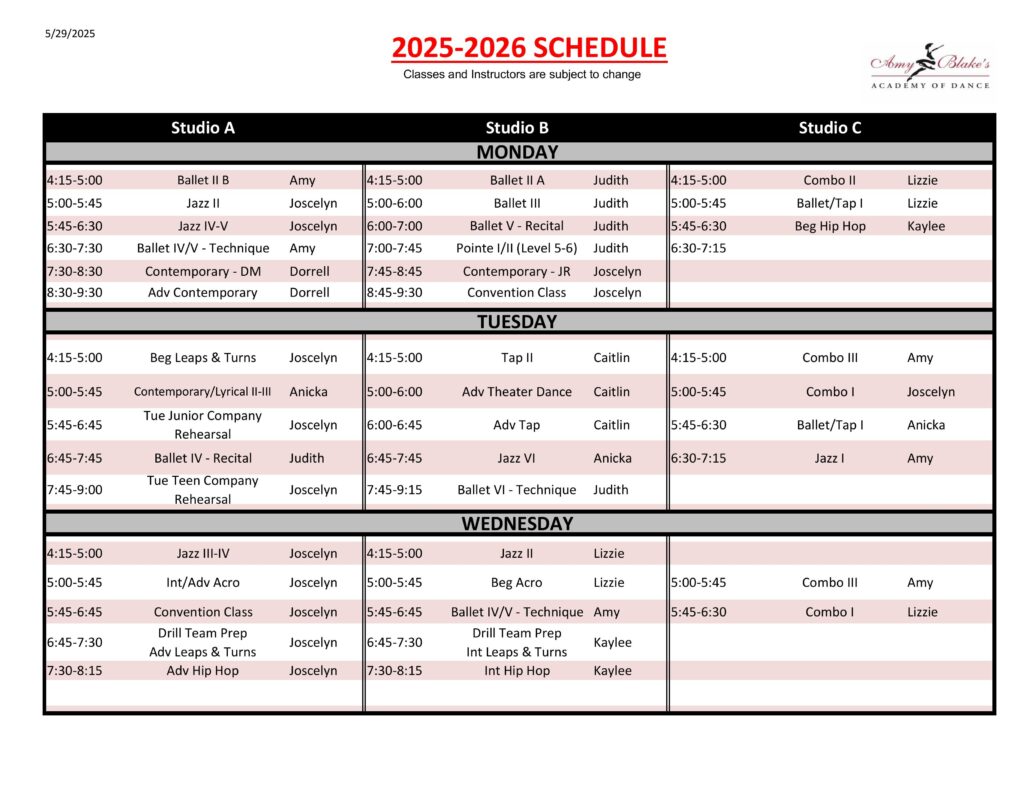 Schedule - Amy Blake Academy of Dance